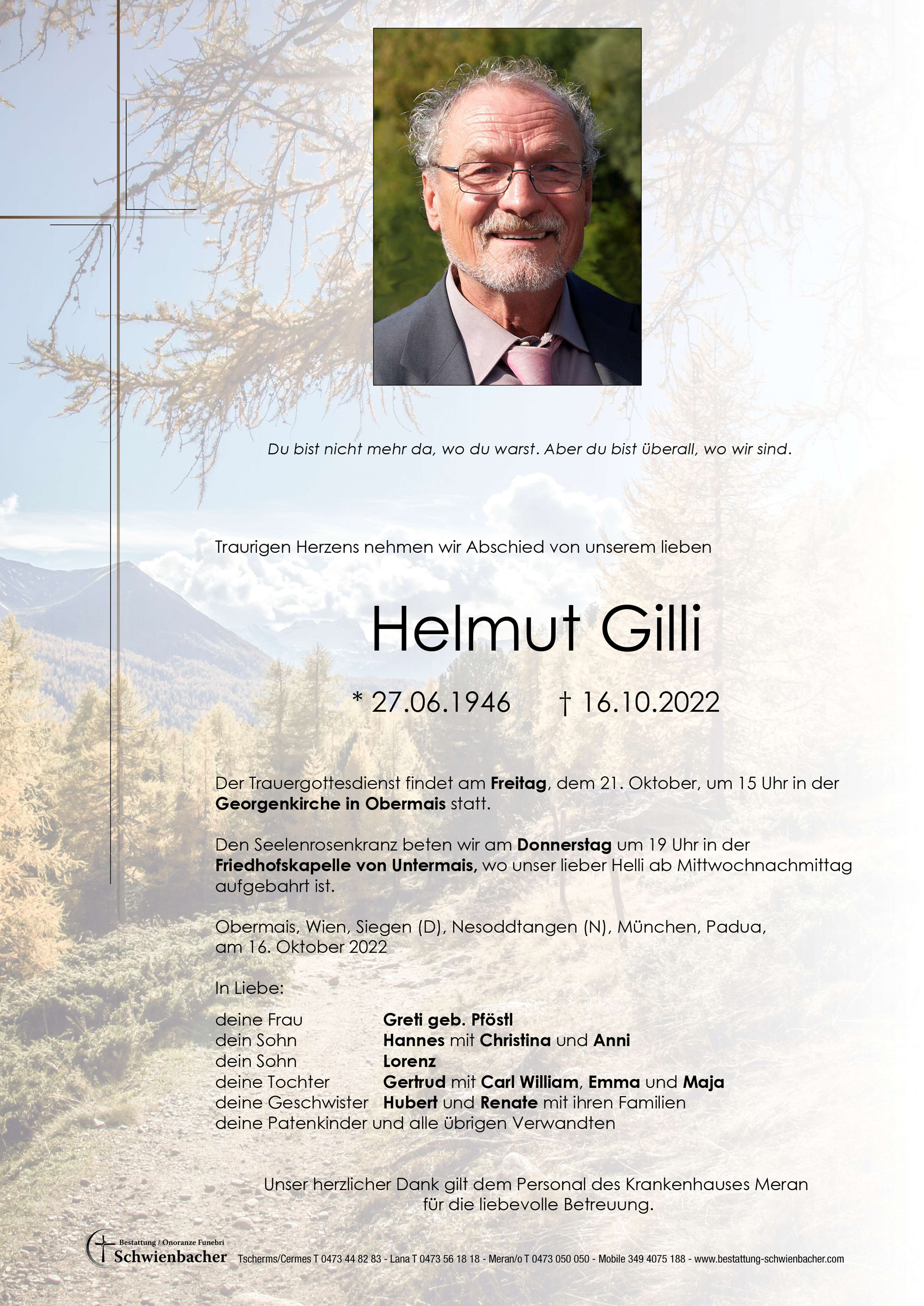 Helmut Gilli, Meran | Bestattungsdienst Schwienbacher A. - Meran, Lana ...